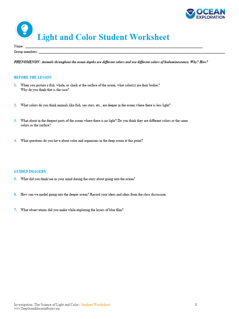 Ocean Color and Bioluminescence Worksheet | PDF | Color | Deep Sea