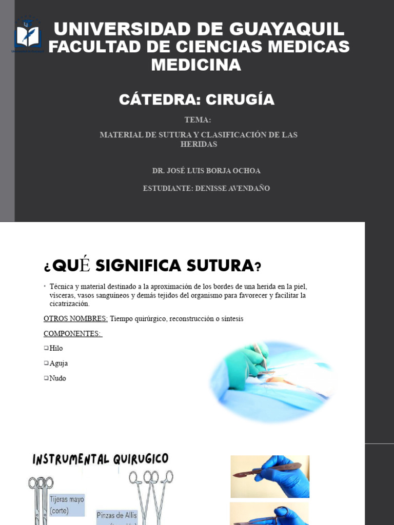 Tema 1. Material de Sutura y Clasificacion de Heridas. Avendaño | PDF | Sutura Quirúrgica | Herida