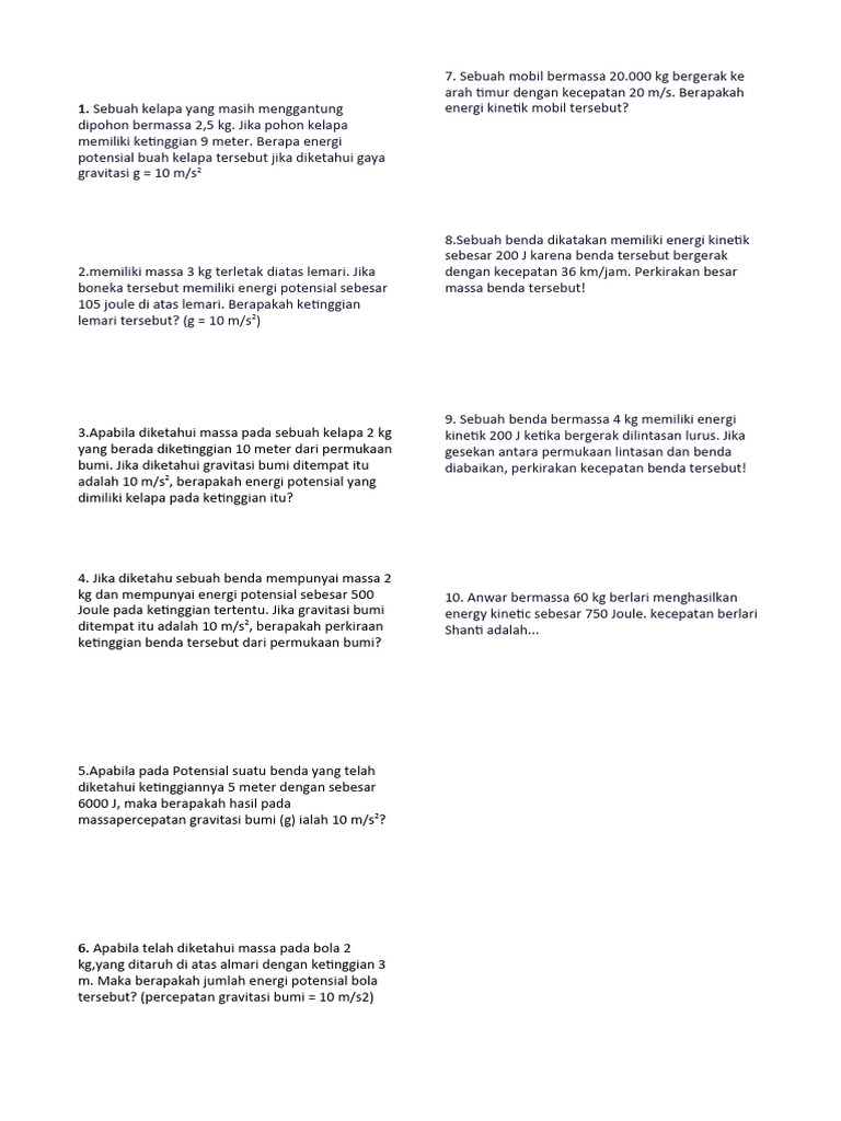 Soal Energi Kinetik Dan Potensial Kls X | PDF | Sains & Matematika