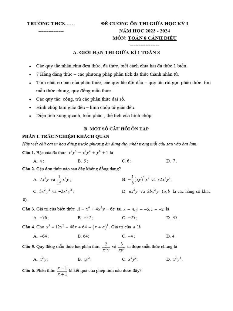 De Cuong On Thi GHK 1 Toan 8 Canh Dieu | PDF