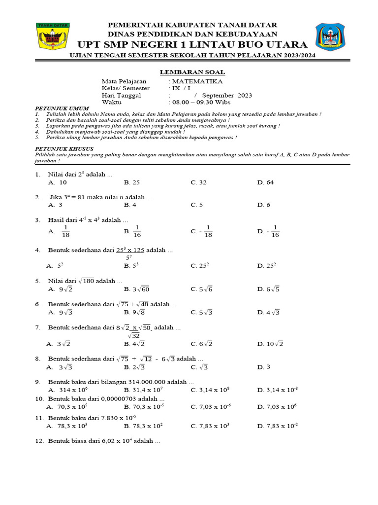 Soal Uas MTK KLS Ix 2023 | PDF