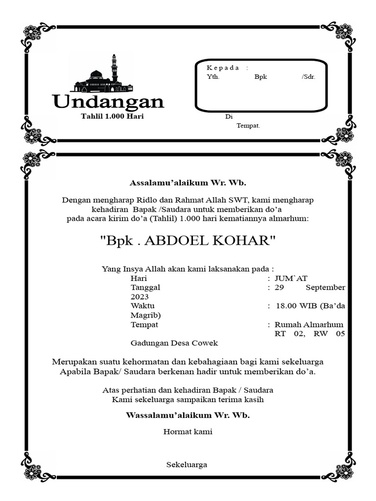 Undangan Tahlil 1.000 Hari Bpk. Abdoel Kohar | PDF