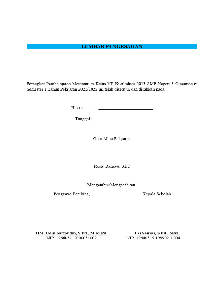 Lembar Pengesahan RPP (Edit) MTK | PDF
