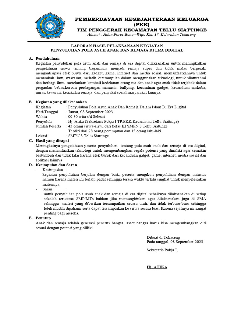 Contoh Laporan Pelaksanaan Kegiatan Pokja I PKK | PDF