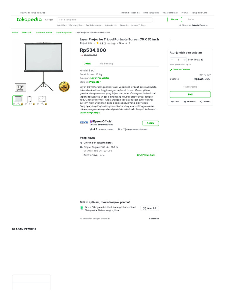 Layar Projector Tripod Portable Screen 70 X 70 Inch | PDF