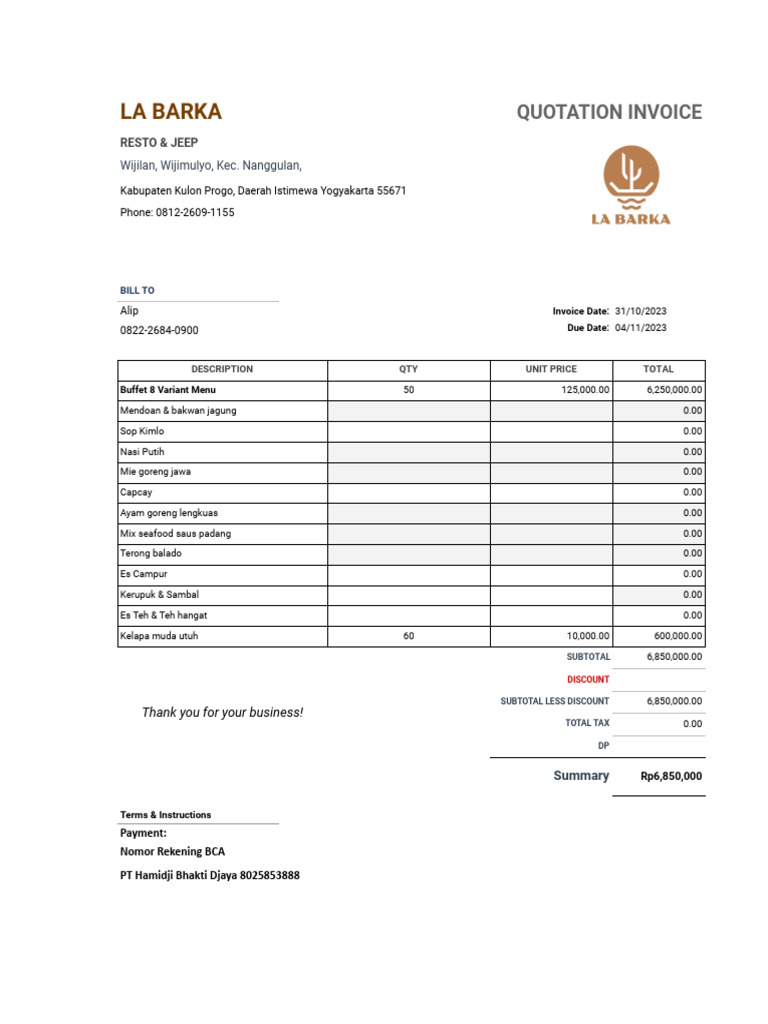Invoice Buffet 4 Nov | PDF | Indonesian Cuisine | Southeast Asian Cuisine