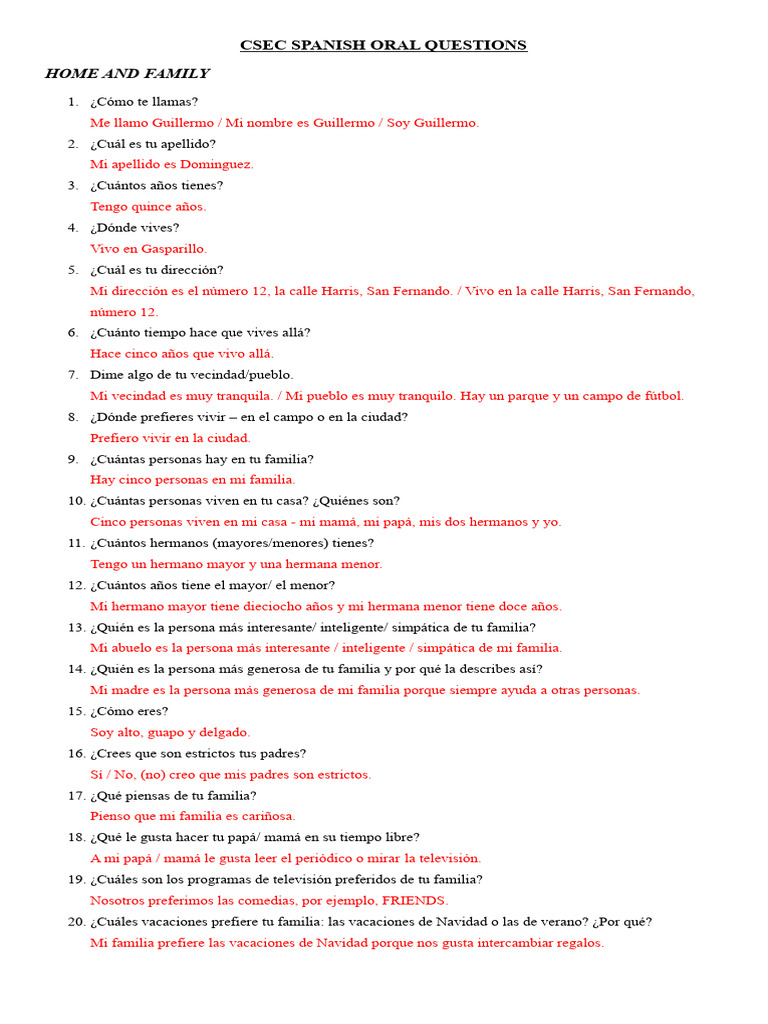Csec Spanish Oral Questions & Model Answers | PDF | Navidad y temporada ...