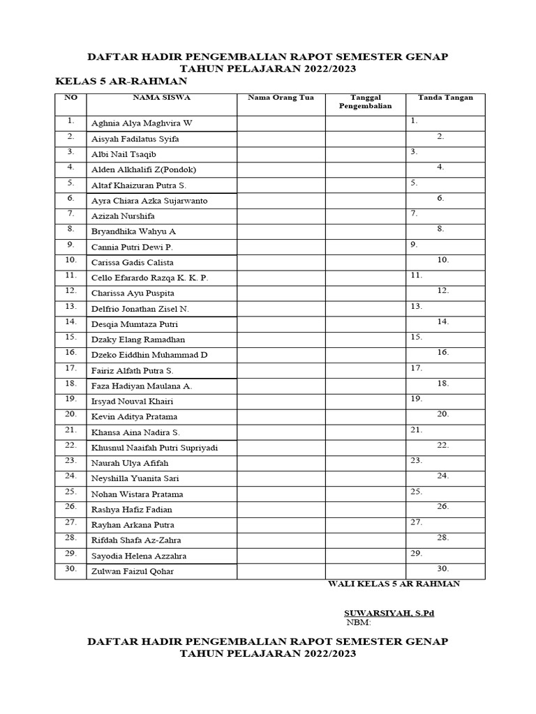 Daftar Hadir Pengambilan Rapot | PDF