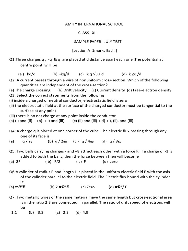 Sample Paper July Test Pdf Electrical Resistivity And Conductivity Electric Charge