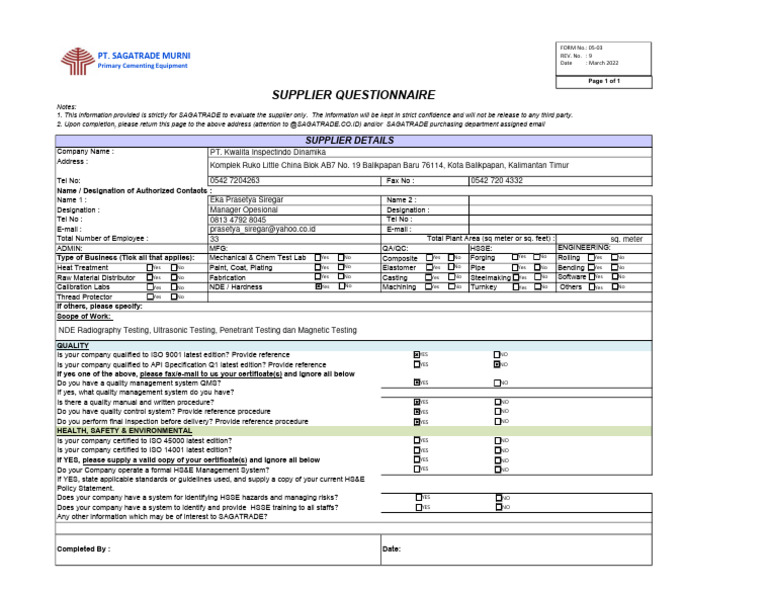 Form 05-03 Rev.9 Supplier Questionnaire | Download Free PDF | Quality ...