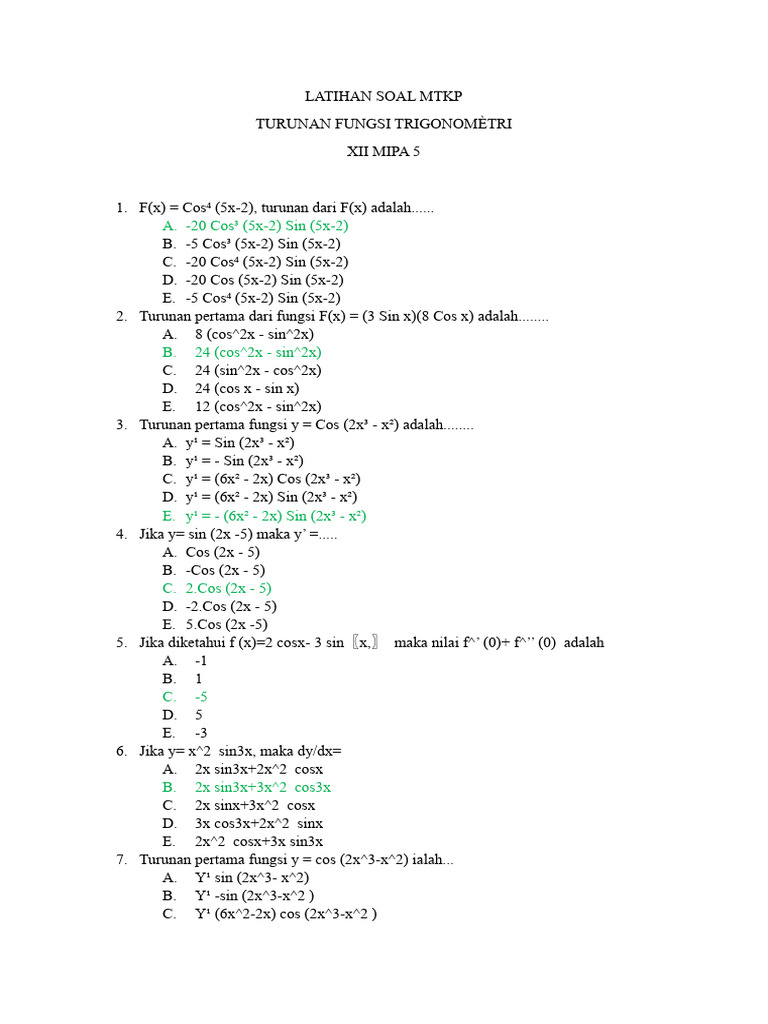 Latihan Soal MTKP Turunan Fungsi Trigonomètri | PDF | Metode & Bahan Ajar | Sains & Matematika