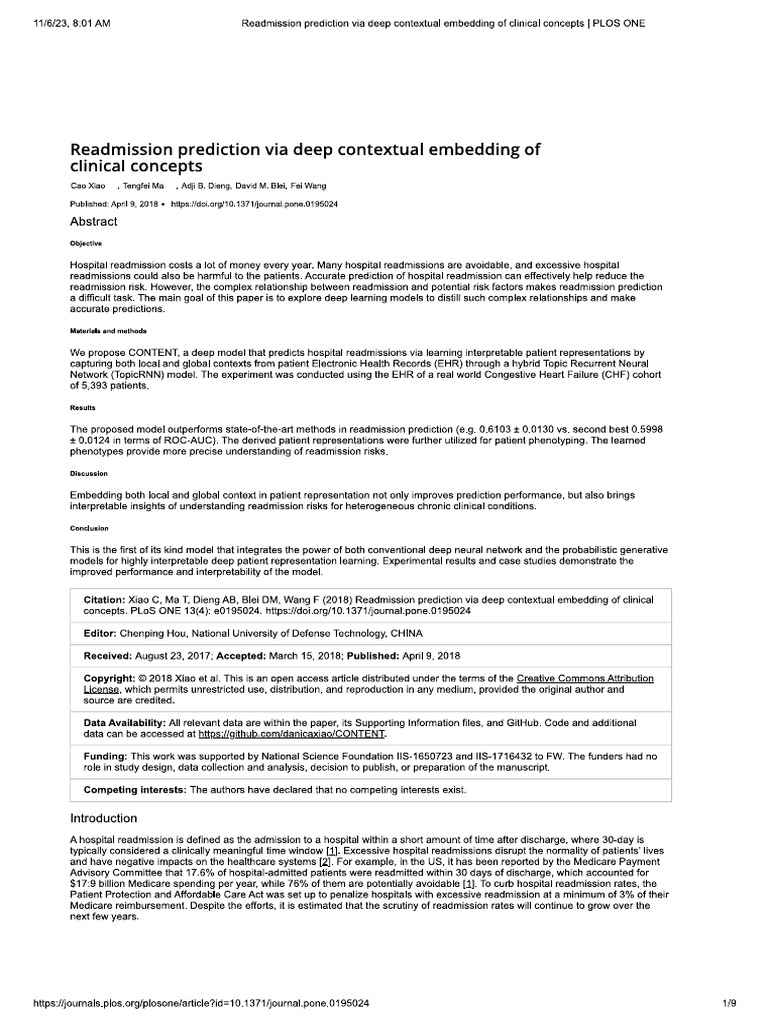 Readmission Prediction Via Deep Contextual Embedding of Clinical Concepts | PDF