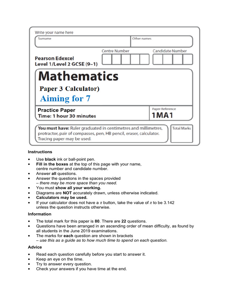 Aiming For 7 (Set 1) Practice Paper 3 Calc | PDF