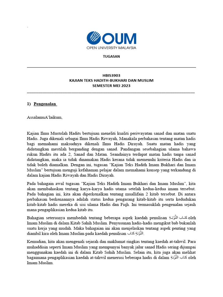 Assignment Oum Kajian Teks Hadis Danish Iskandar Bin Maziazman 001226 ...