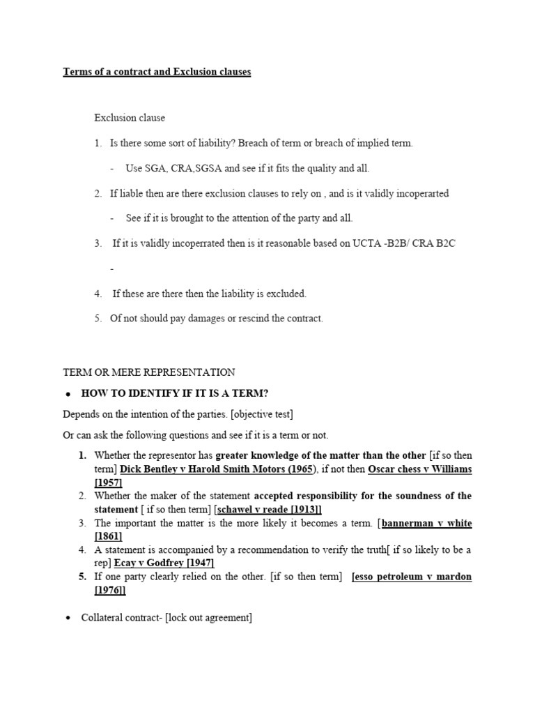 Exclusion Clauses Reviosn Notes | PDF | Breach Of Contract | Parol ...