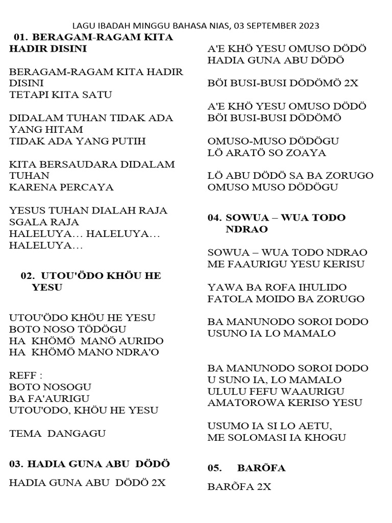 Kumpulan Lirik Lagu Rohani Nias | PDF | Seni & Disiplin Bahasa | Agama ...