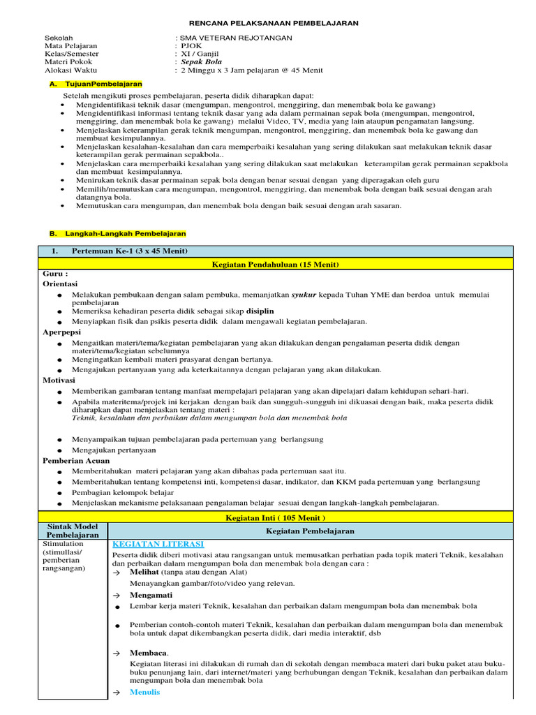 RPP Pjok Sma SMK Kelas 11 | PDF