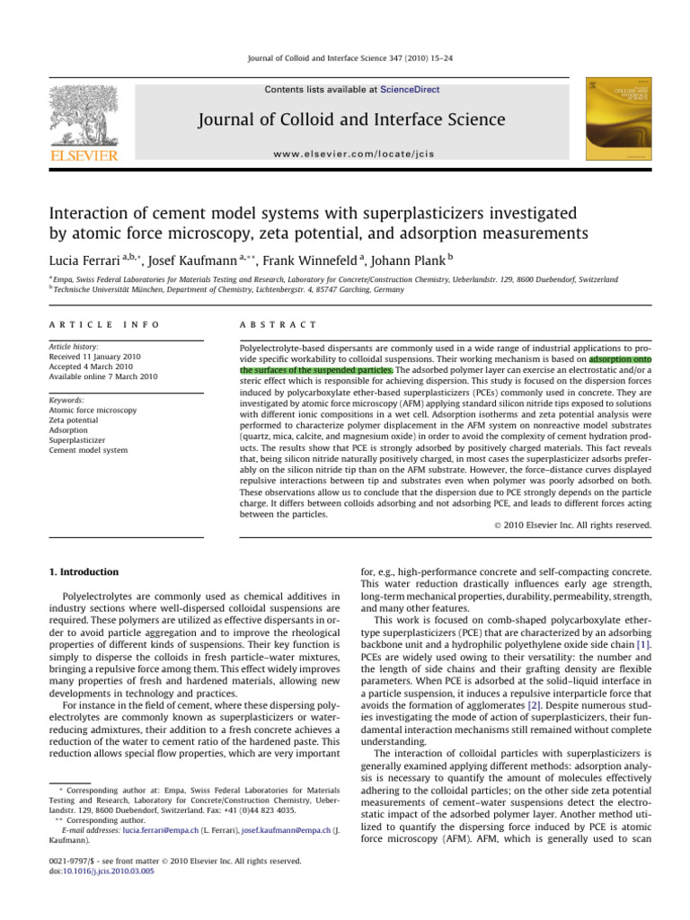 Journal of Colloid and Interface Science: Lucia Ferrari, Josef Kaufmann, Frank Winnefeld, Johann ...