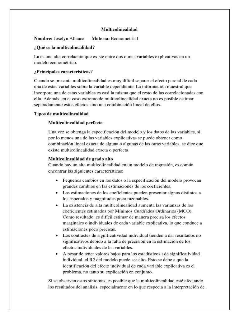 consulta Multicolinealidad | PDF | Multicolinealidad | Mínimos cuadrados ordinarios