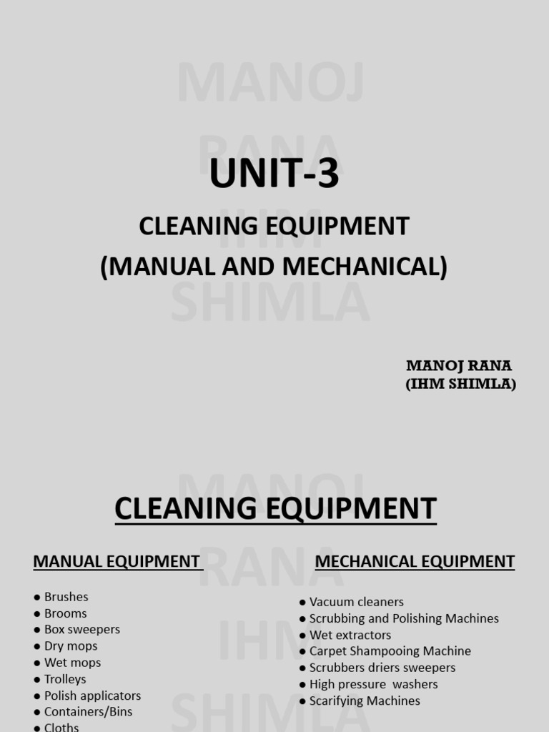 UNIT-3: Cleaning Equipment (Manual and Mechanical) | PDF | Vacuum ...