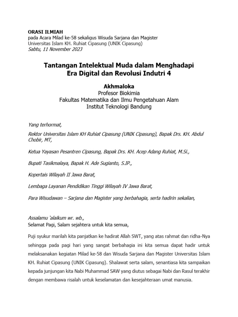 ORASI ILMIAH WISUDA UNIK Cipasung, Sabtu, 11 November 2023 | PDF
