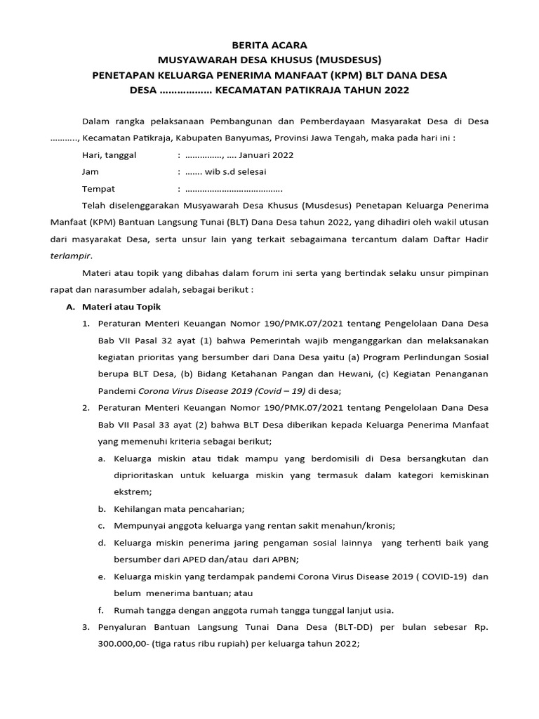 Berita Acara Musdesus BLT DD - 2022 | PDF