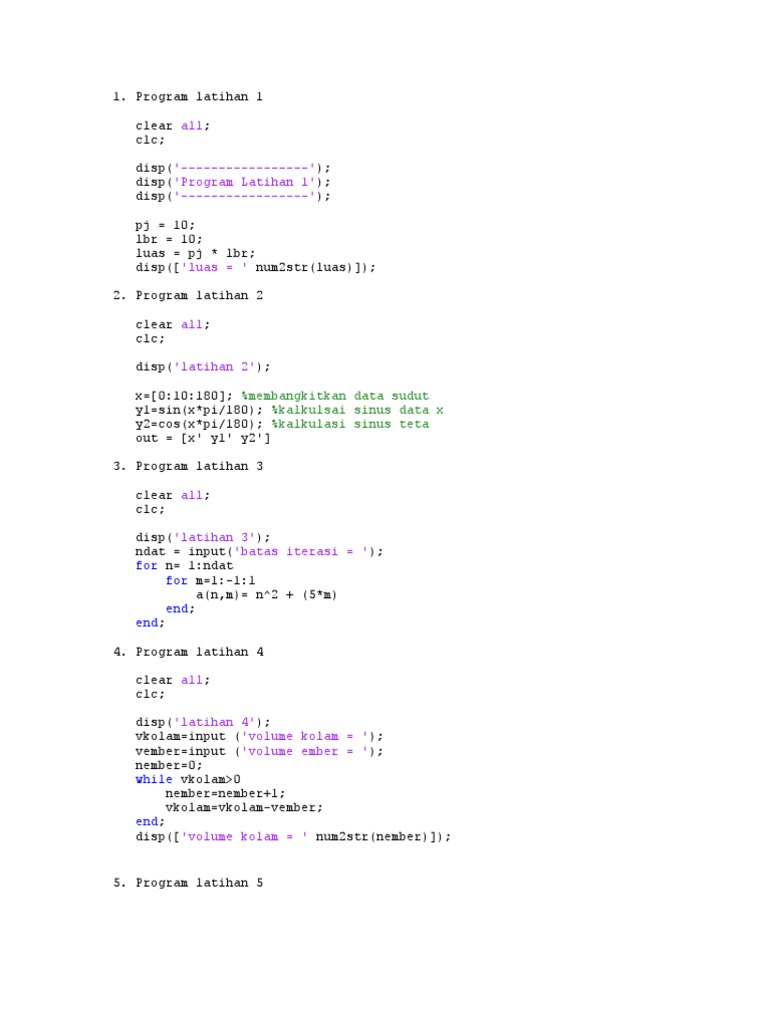 Program Latihan Pemrograman MATLAB | PDF | Komputer | Teknologi & Rekayasa