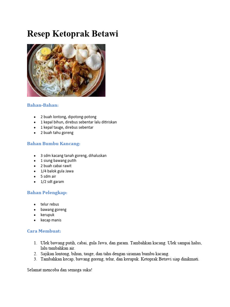 Resep Ketoprak Betawi Sederhana | PDF