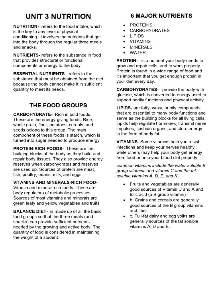 UNIT 3 NUTRITION Mid Terms | Download Free PDF | Foods | Vitamin