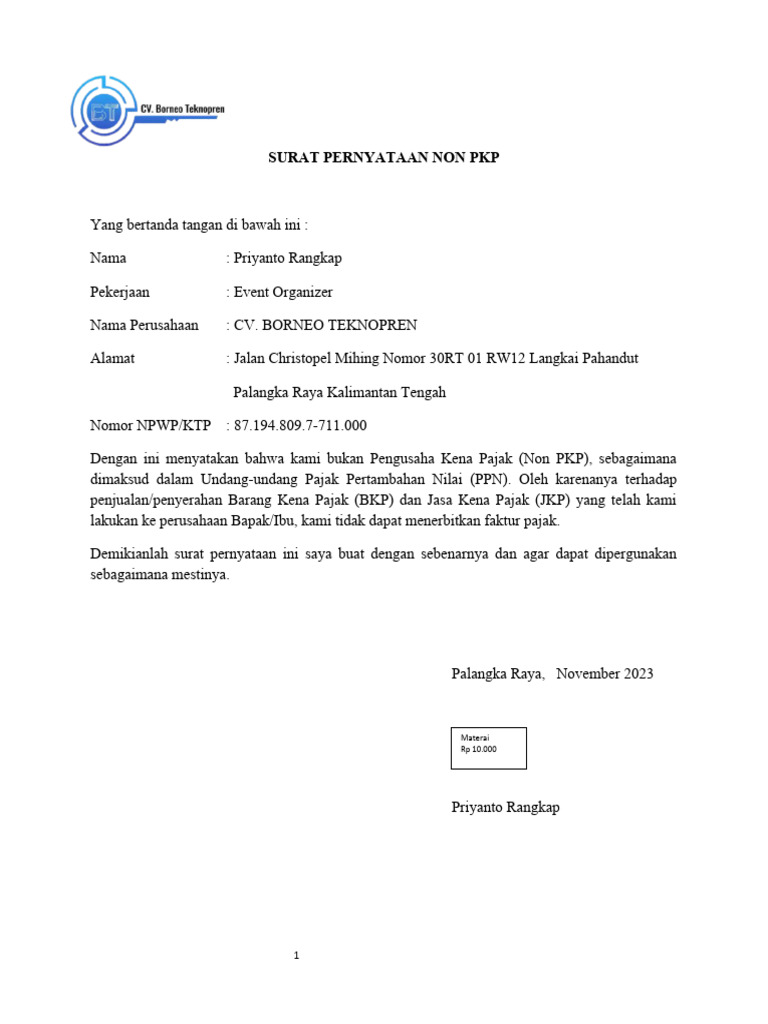 Surat Pernyataan Non PKP Priyanto | PDF