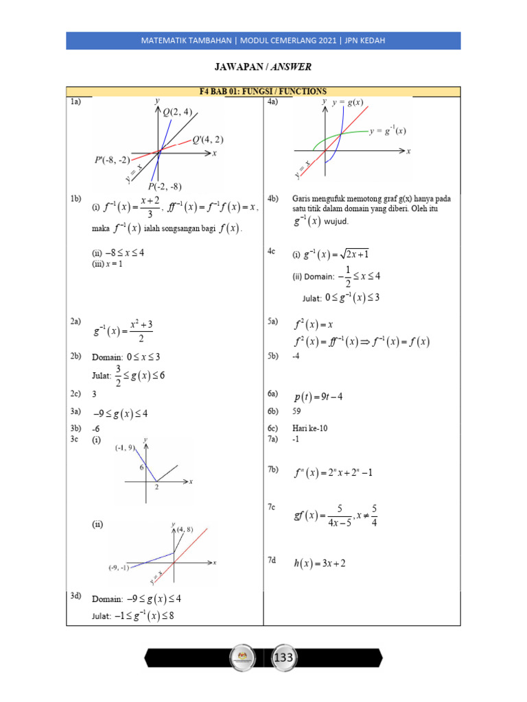 Modul Matematik Tambahan JPN Kedah - JAWAPAN BAB 1 FUNGSI | PDF