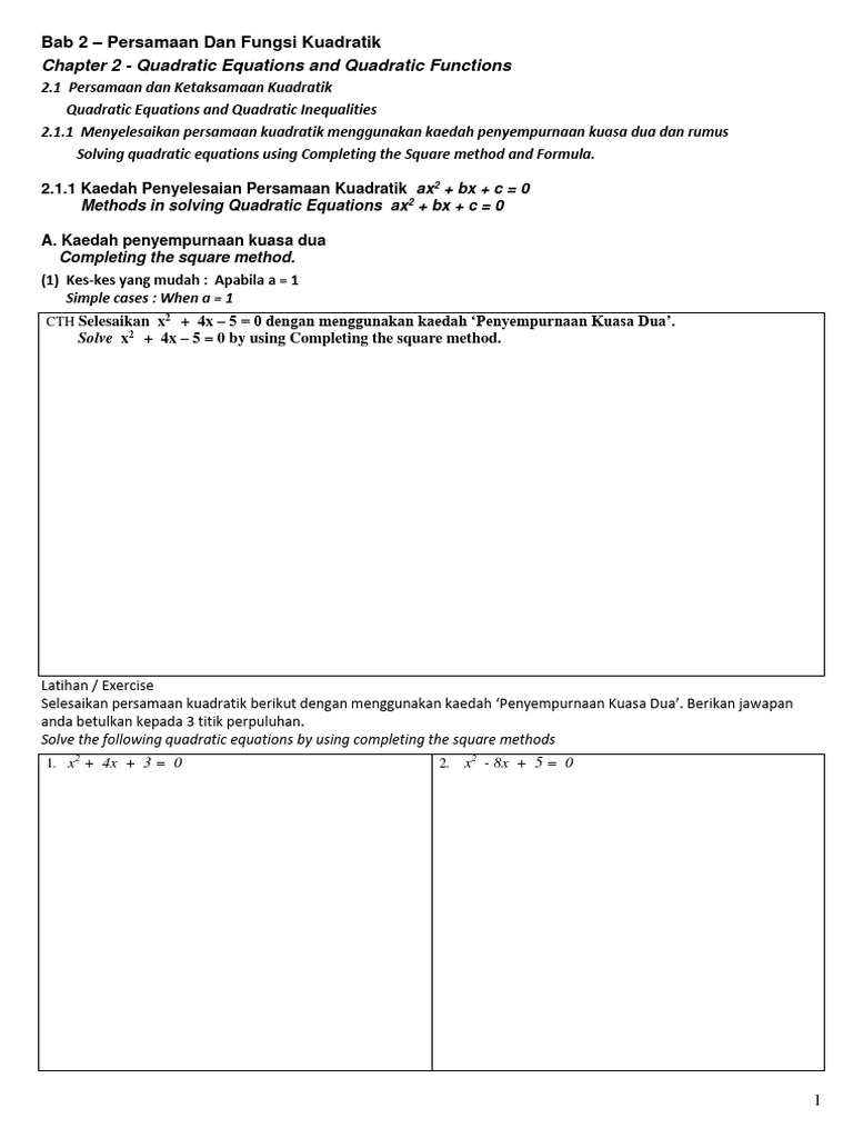 Add Math T4 Fasa 2 - Bab 2 Kuadratik | PDF