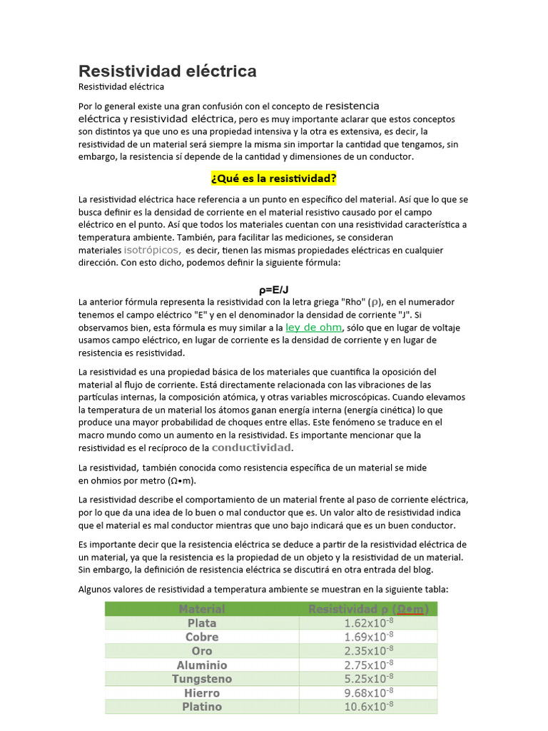 Resistividad Eléctrica | PDF | Resistividad Eléctrica y Conductividad ...