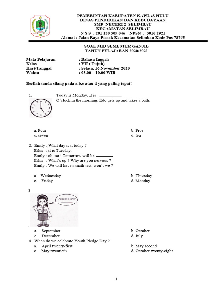 SOAL BAHASA INGGRIS KLS 7 | PDF