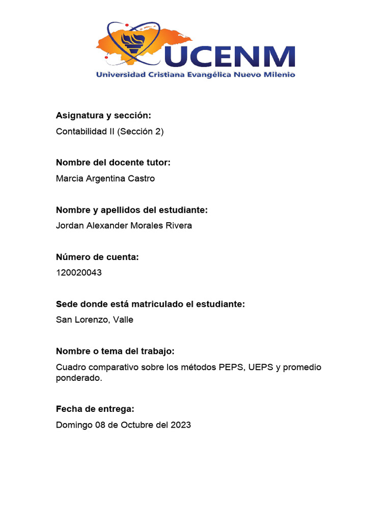 Cuadro Comparativo Sobre Los Métodos PEPS, UEPS y Promedio Ponderado ...