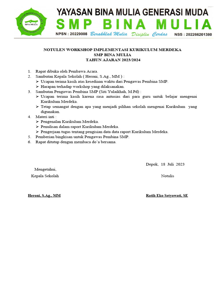 Notulen Workshop Kurikulum Merdeka SMP | PDF