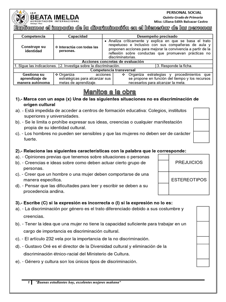 Quinto Grado de Primaria: Miss: Liliana Edith Balcazar Castro | PDF ...