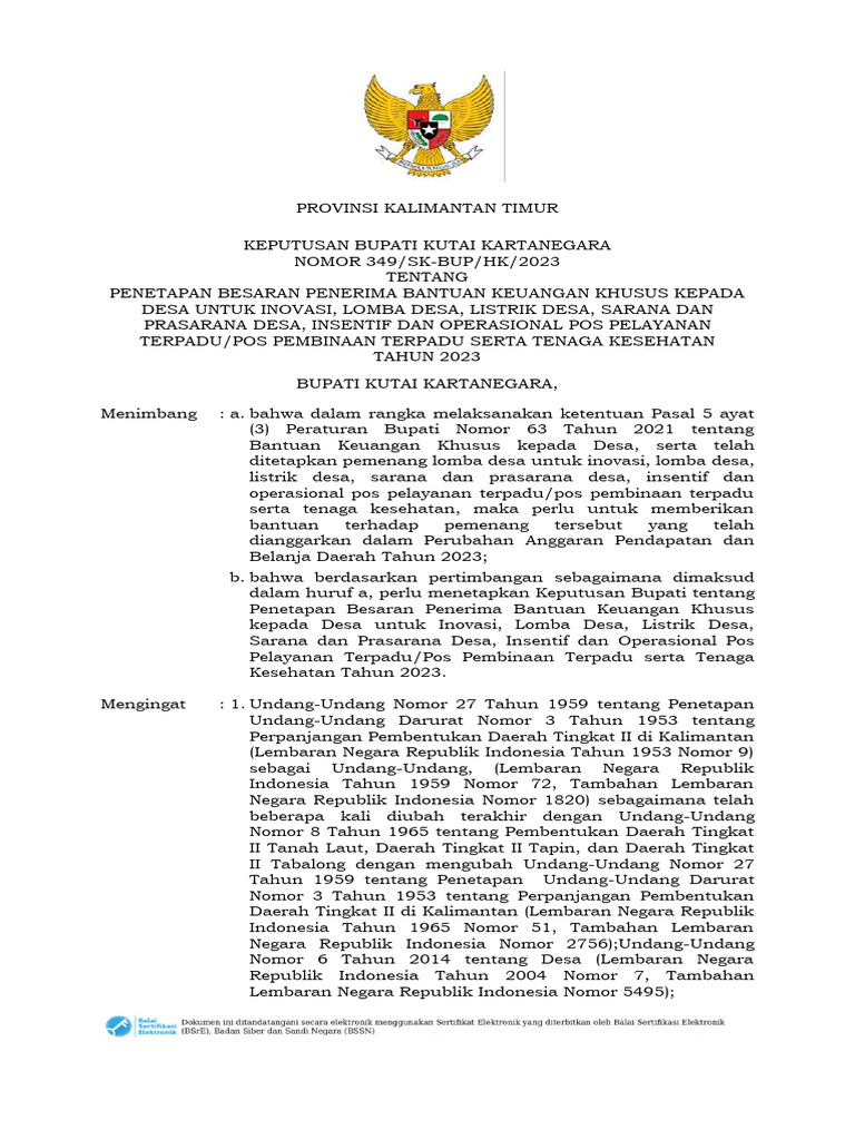 Sk No 349 2023 Tentang Penetapan Besaran Penerima Bantuan Keuangan ...