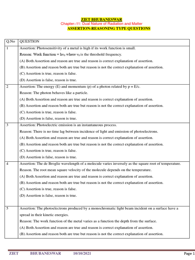 Physics XII CH 11 Physics Assertion Reasoning Dual Nature of Radiation and MATTER | PDF ...