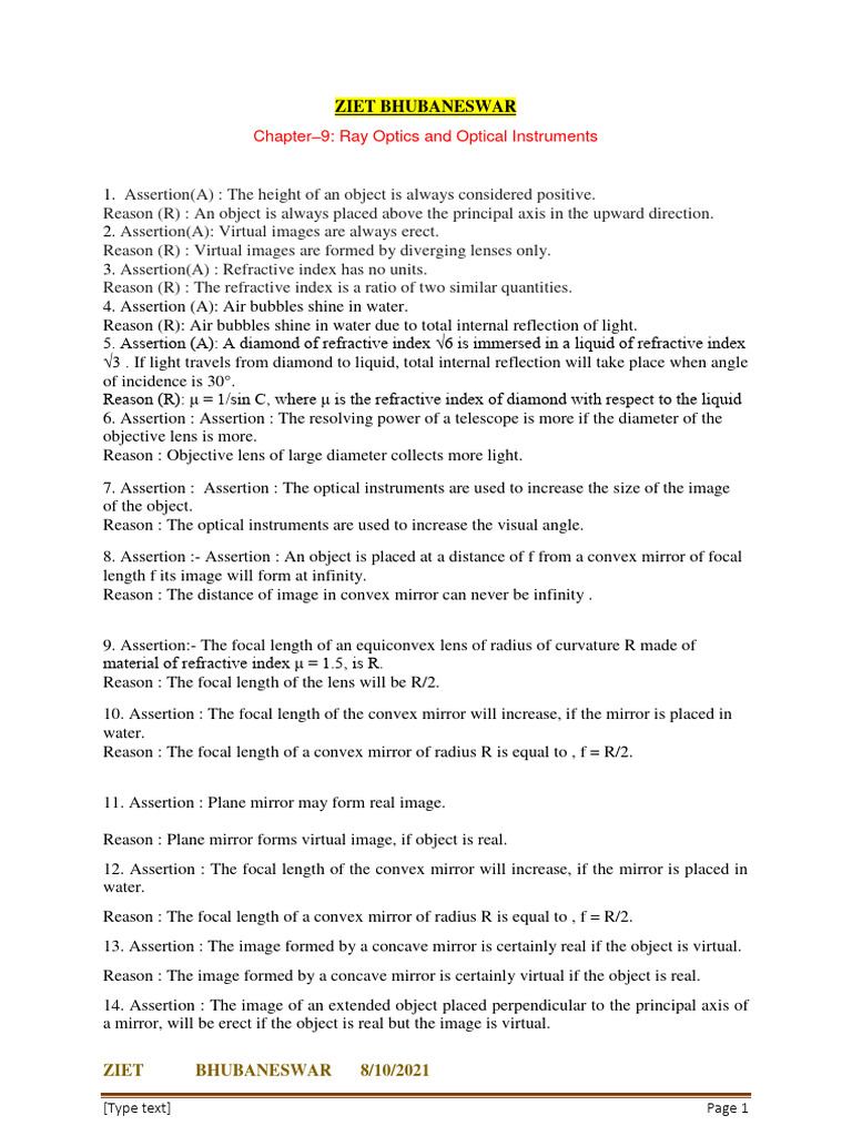 Physics XII CH 9 Physics Assertion Reasoning Ray Optics and Optical Instruments | PDF | Optics ...