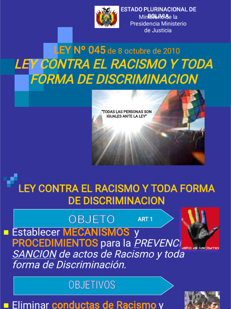 LEY #045: Ley Contra El Racismo Y Toda Forma de Discriminacion | PDF | Racismo | Discriminación ...