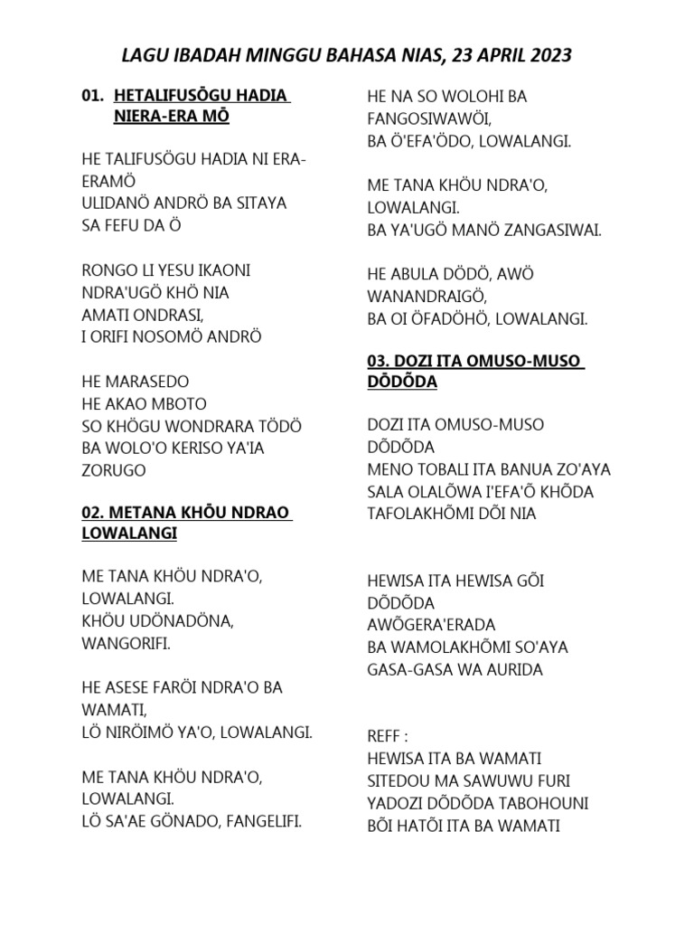Lirik Lagu Ibadah Minggu Nias 2023 | PDF