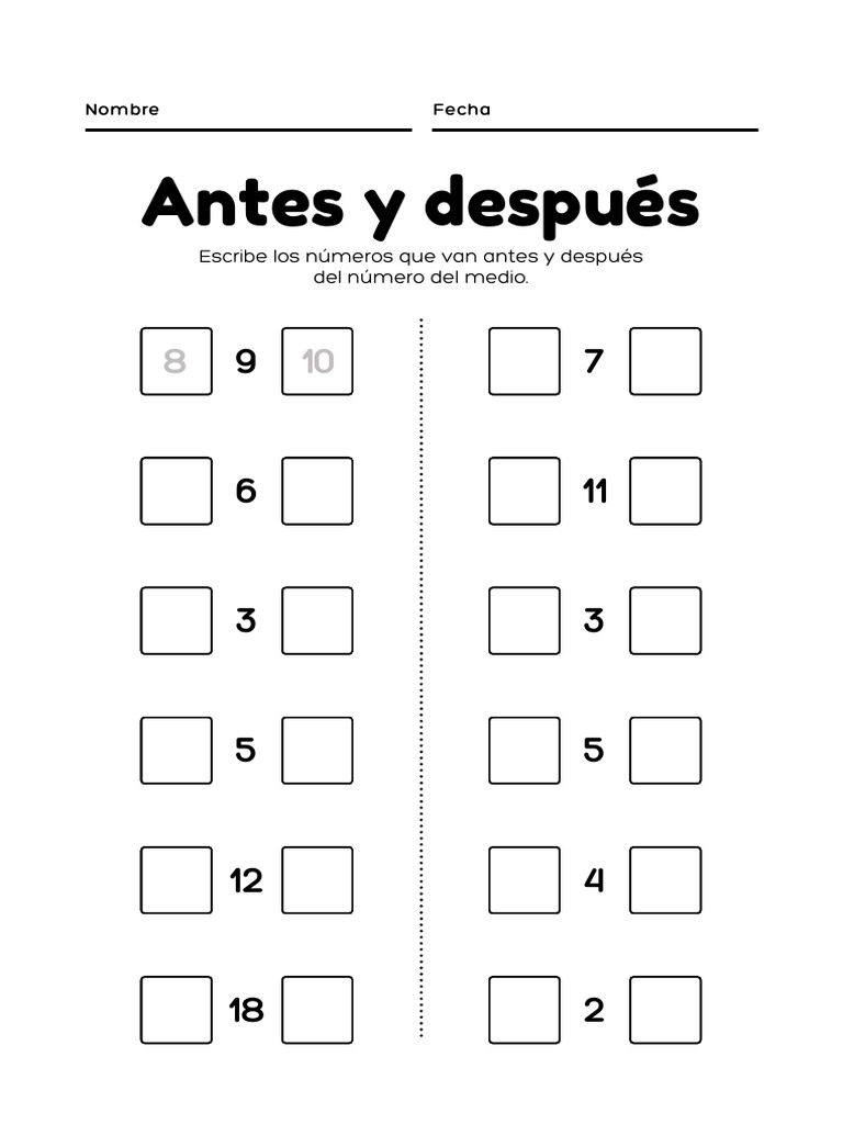 Ficha de Ejercicios Matemática Básica Antes y Después Número Blanco y ...