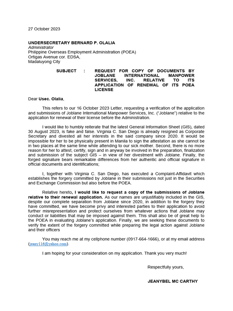 Letter of Jeanybel MC Carthy To POEA For Reques of Joblane Documents v3 ...