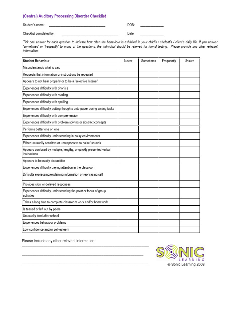 Checklist for Central Auditory Processing Disorder (CAPD) | PDF