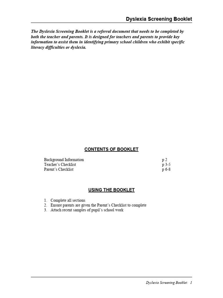 Dyslexia Screening Checklist Guide | PDF | Dyslexia | Word