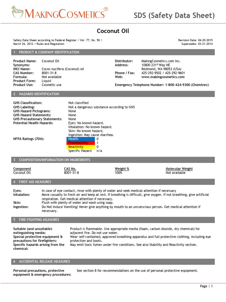 Sds Coconut Oil | PDF | Dangerous Goods | Physical Sciences