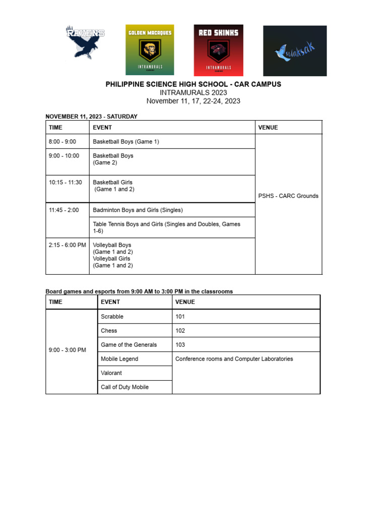 PSHS Carc Intramurals General Schedule | PDF | Entertainment | Sports