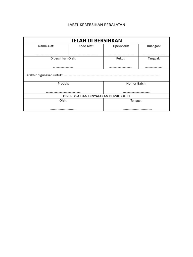 Label Kebersihan Peralatan Dan Ruangan | PDF