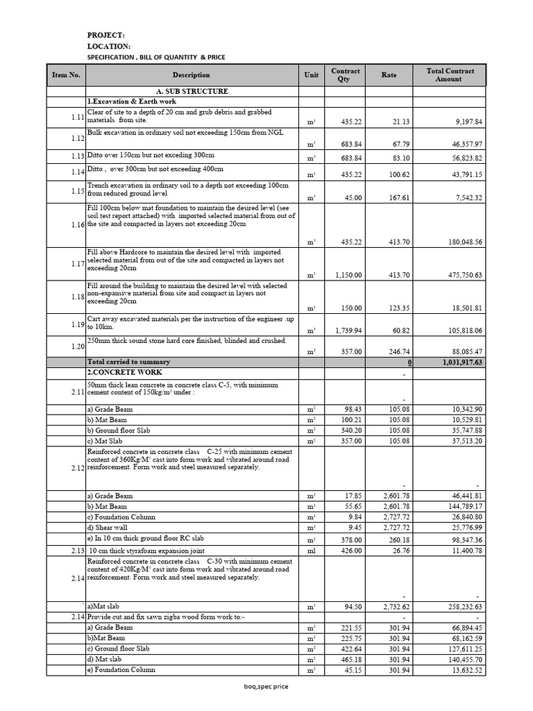 Building BoQ&Unit Price | PDF | Concrete | Masonry